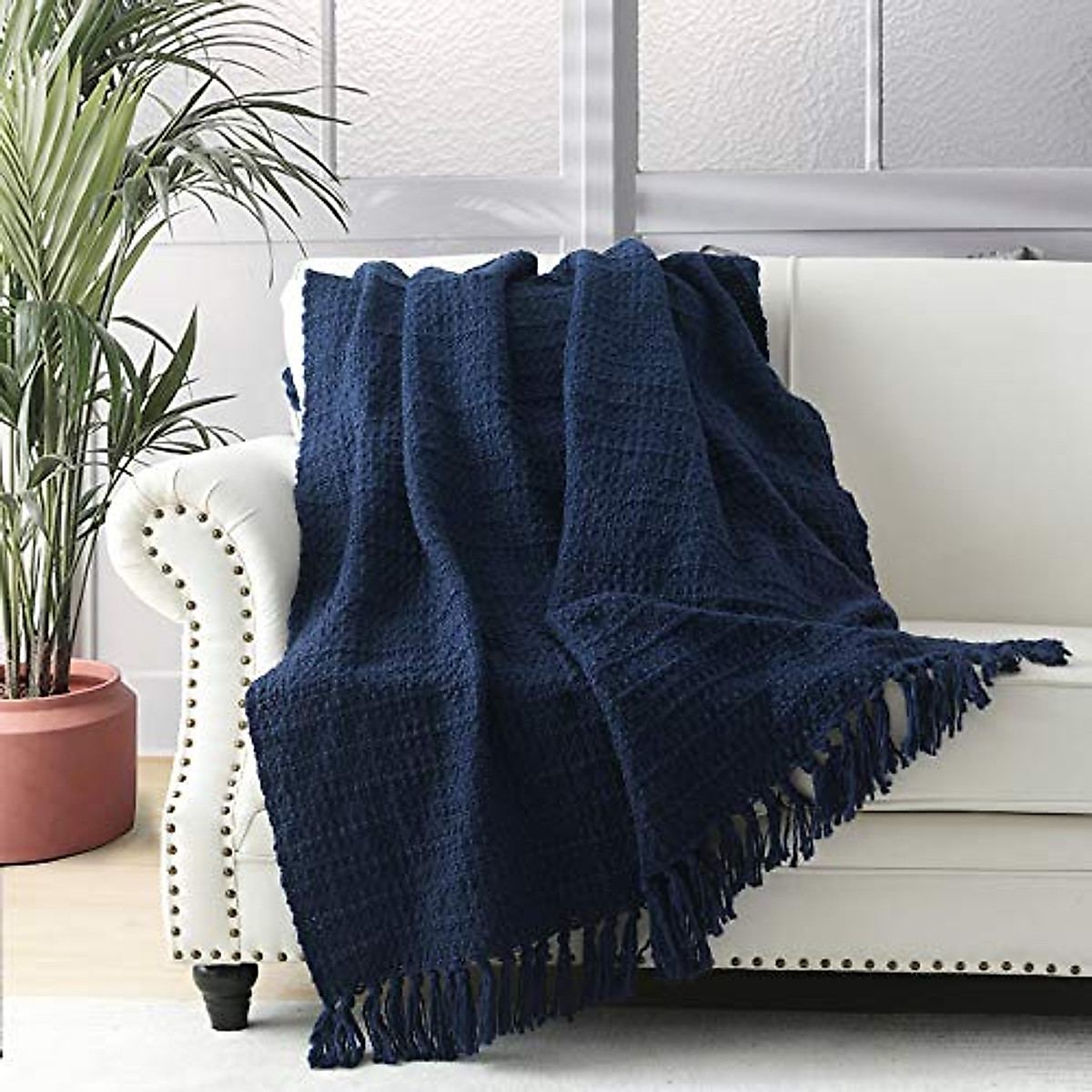 Chunky Knit Throw Blanket, Navy Blue Soft Warm Cozy Bed Throw Blanket with Tassels, Boho Style Textured Knitted Home Decorative Blanket for Couch, Sofa &Bed, 50"x60"