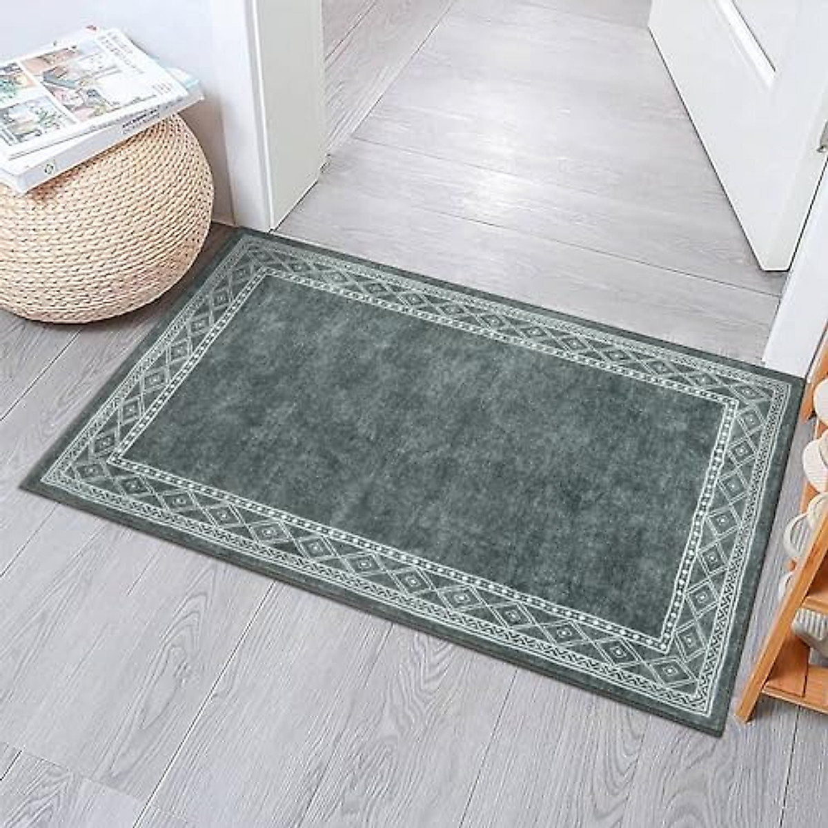 Lahome Modern Bordered Bathroom Rugs- 2x3 Entryway Rug Ultra-Thin Soft Small Rug Non-Slip Indoor Door Mat Stain Resistant Accent Carpet Washable Rugs for Bedroom Kitchen Laundry(2x3ft, Gray)