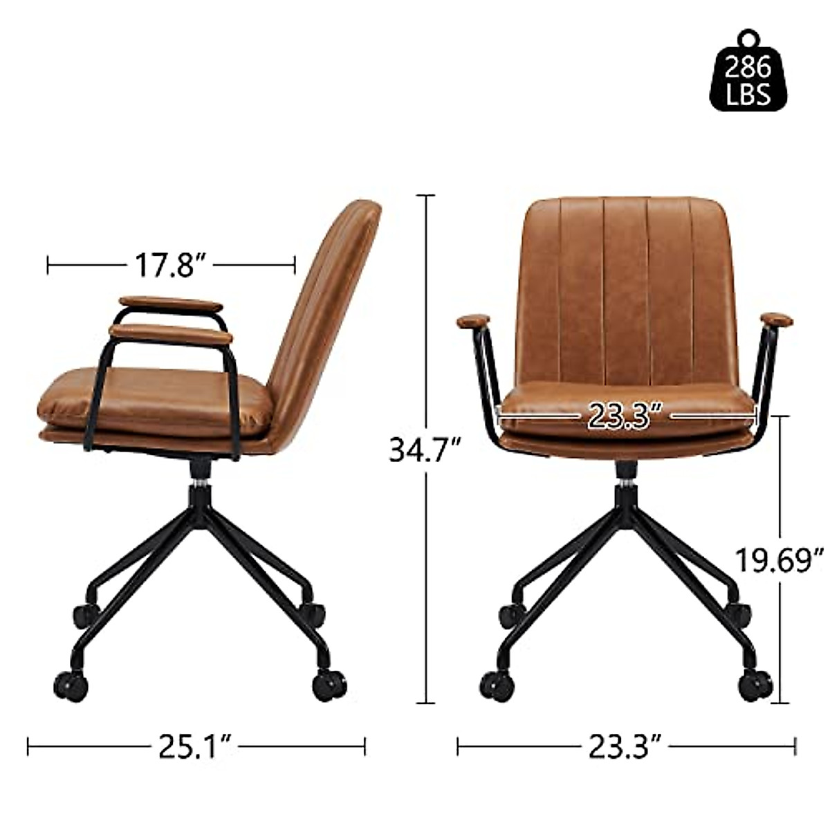 Art Leon Mid Century Modern Swivel Accent Chair, Home Office Desk Chair with Wheels, Faux Leather Armchair for Small Spaces, Yellow Brown