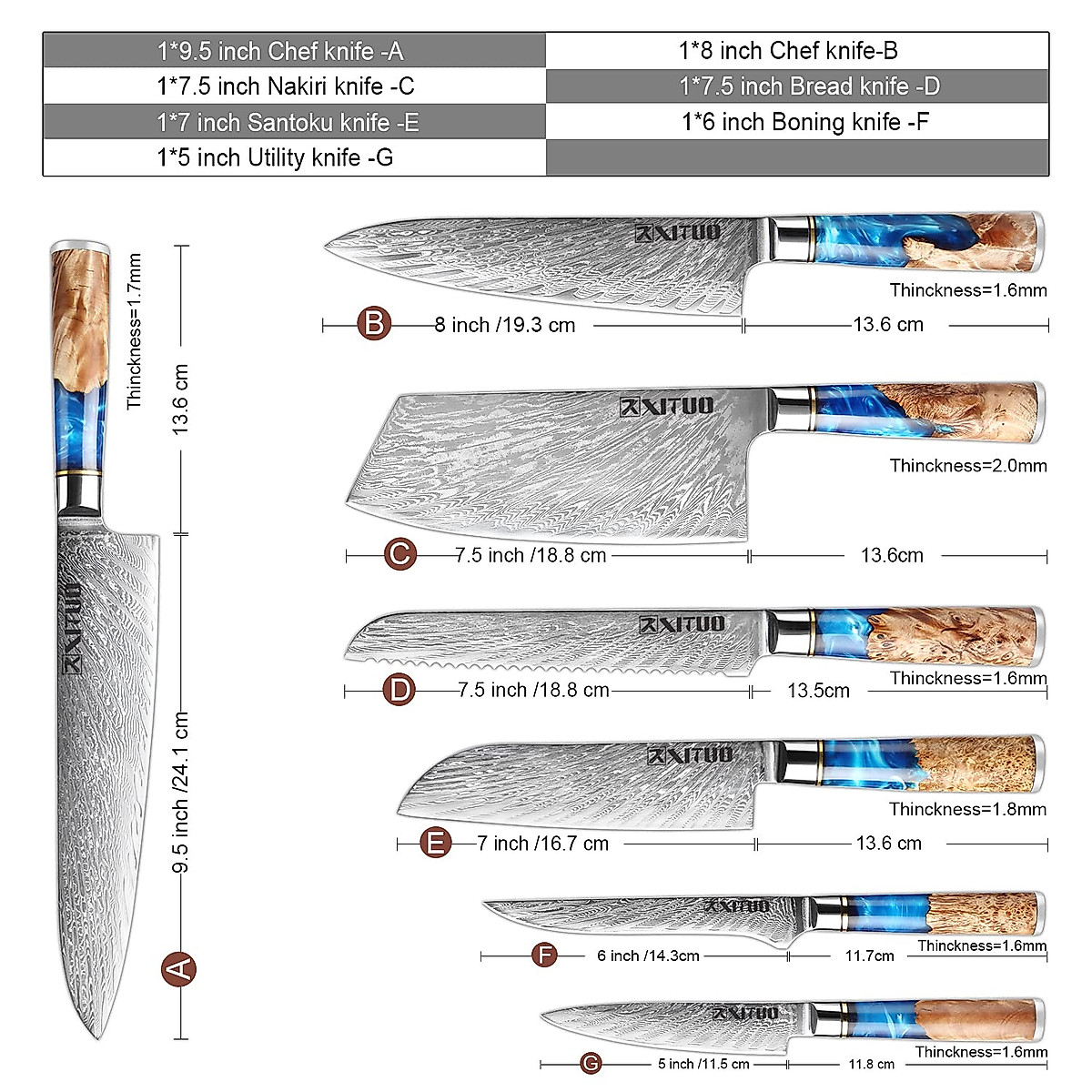 XT XITUO Kitchen Chef Knife Set 7 Piece, Chef Knife, 8'' Bread Knife, 7''Santoku knife Damascus Steel-VG10 Blue Resin Wood Handle -Gift Box - w/knife Sheath (7PC Chef Knife Set)