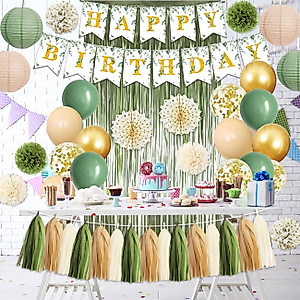 Sage Green Birthday Party Decorations with Happy Birthday Banner Olive Green Gold Balloons Fringe Curtain for Girls Women Baby Shower Birthday Decor