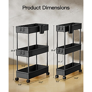 Pipishell Bathroom Cart, 2 Pack Slim Storage Cart Bathroom Organizer with Hanging Cups & Hooks, Bathroom Storage Rolling Cart for Bathroom, Laundry Room, Kitchen, Set of 2, PIUC07BK2