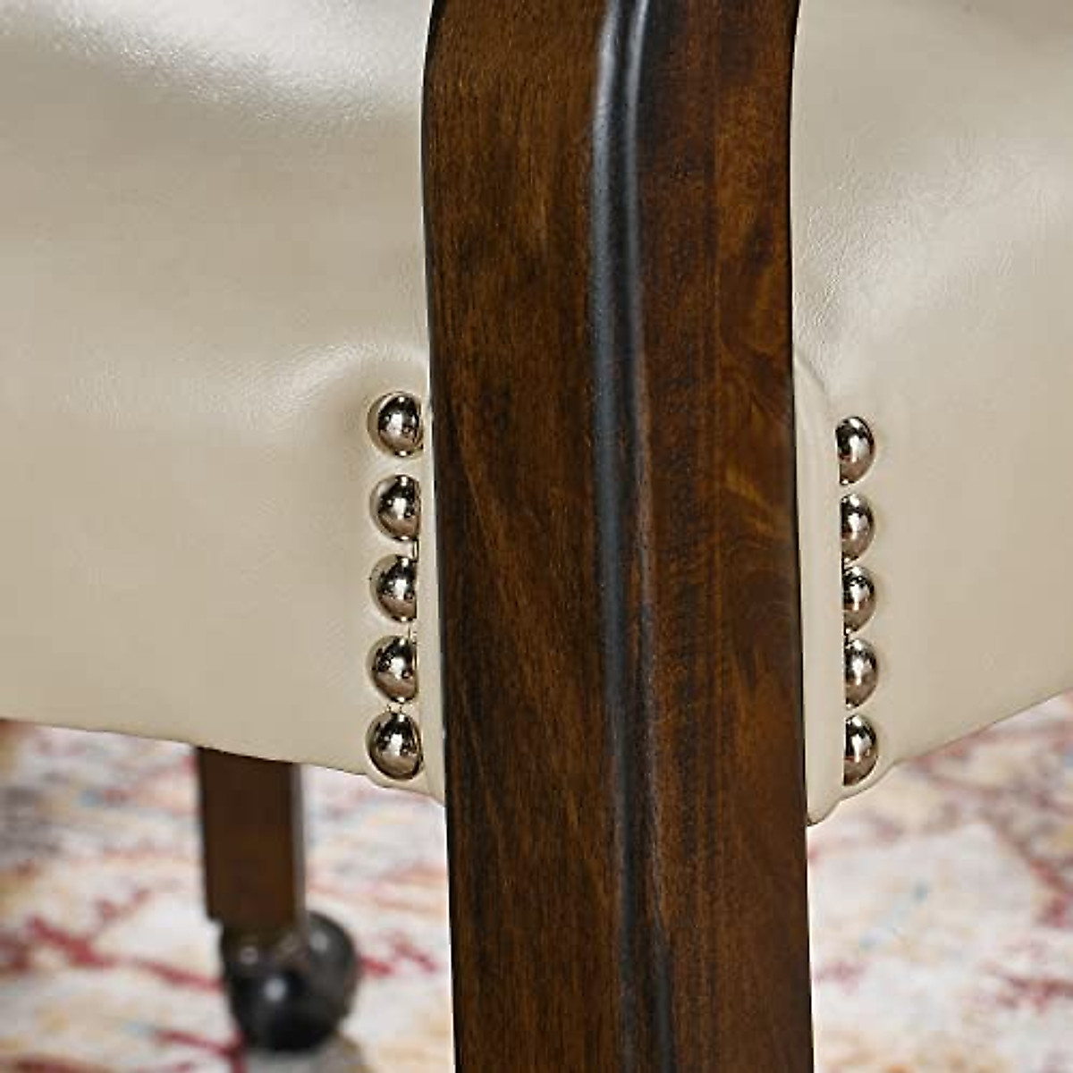 LEEMTORIG Dining Chairs with Casters and Arms, Faux Leather Accent Kitchen Table Chairs with Wheels, Roller Poker Table Chair, Wooden Captains Chair, Espresso Legs & Beige, XXY-1910-BG