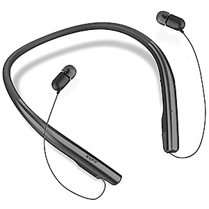 EXFIT BCS-700 | Wireless Bluetooth Headphone Neckband with Retractable Earbuds, Auto Answer on Earbud Pull for Office, Phone Call (Charcoal Black)