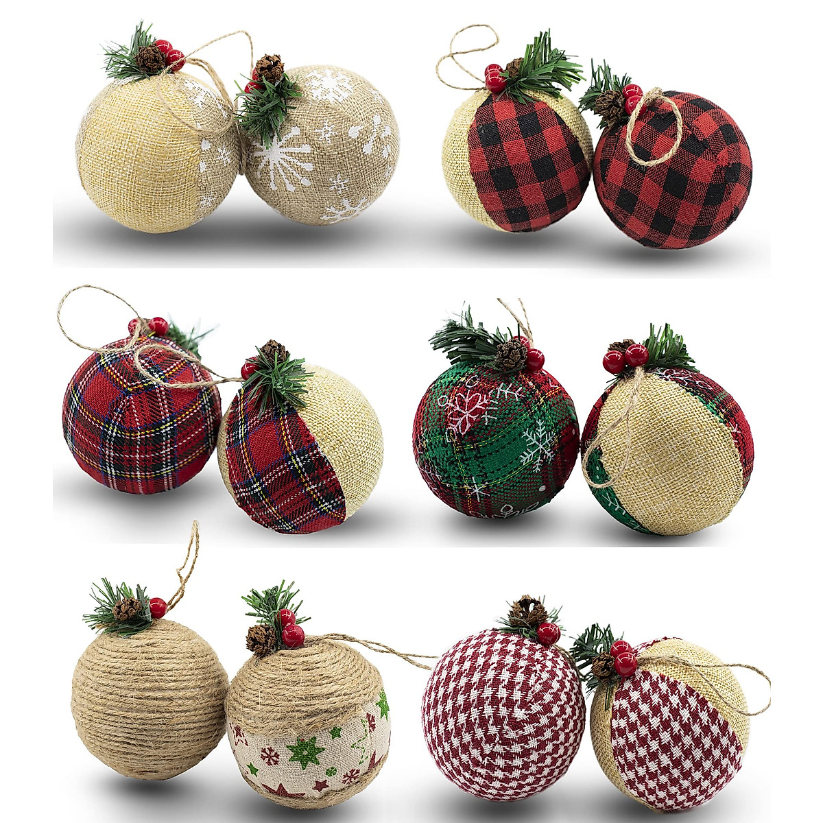 Burlap Christmas Hanging Ornaments, Farmhouse Rustic Christma Decorations, Natural Jute Ball Ornaments for Xmas Holiday Party Home Decor 12Pcs