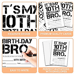 YQV It's My 10th Birthday Bro Invitations Cards, 4"x 6" Birthday Party Invites with Envelopes for Party Decorations Supplies(20 Pieces) -D23