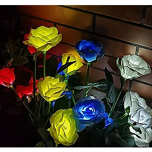 KAQ 2PACK-Outdoor Halloween Solar Garden Flower Lights with 5 Rose Flowers, Upgraded LED Solar Rose Lights with Stake, Waterproof Solar Decorative Lights for Wedding Halloween Decorations (Yellow)