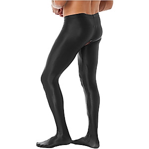 Jhaoyu Mens Glossy Crotchless Pantyhose High Waist Elastic Waistband Leggings Lingerie Nightwear Black#Footed Medium
