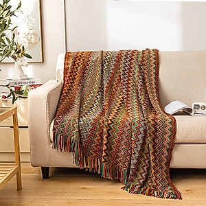 lifein Boho Throw Blanket for Couch - Soft Knitted Farmhouse Bed Throw, Cozy Knit Small Lightweight Blankets&Throws with Tassel for Woman,Home Decor,Bed,Chair,Sofa,Gift,Summer(Bohemia Red,50 * 60")