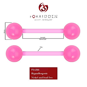 Forbidden Body Jewelry Nipple Rings, Tongue Rings, Nipple Piercing Jewelry, Nipple Jewelry, Pink Flexible Acrylic Barbell Set 14G 16mm (5/8 Inch), 3 Pack