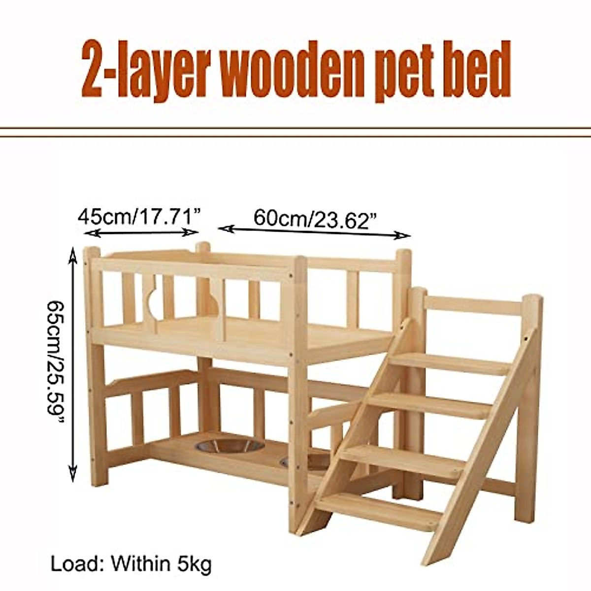 Pet Bed Cool Wooden Dog Bed, Blue 2-Layer Pet Bed, with Stairs + Guardrail + Dining Table, Dog Furniture(Size: M（60x45x65cm）)