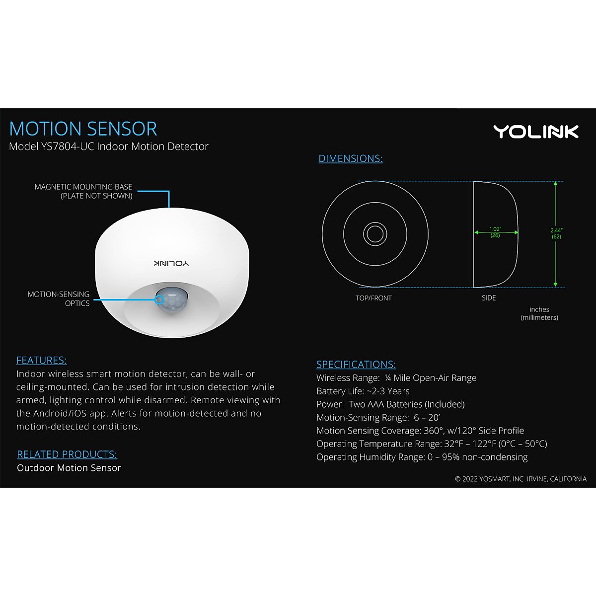 YoLink SpeakerHub & One Motion Sensor Smart Home and Security Kit – Audio Hub Plays Tones/Sounds, Spoken Messages, LoRa-Powered ¼ Mile Range, WiFi Required