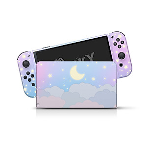 Tacky Design BlueClouds skin for Nintendo Switch OLED Skin - Vinyl 3M Stickers set - Cute Moon skin Compatible with Nintendo Switch OLED Skin Joy Con, Console, Dock - Decal Full Wrap