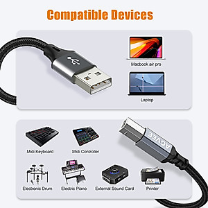 AGVEE [2 Pack 6.6ft USB Printer Cable, A to B MIDI Cable Cord, Braided Stable Data for HP Canon Epson Brother Printer, Piano, Midi Controller, Midi Keyboard, Audio Interface Recording, Dark Gray