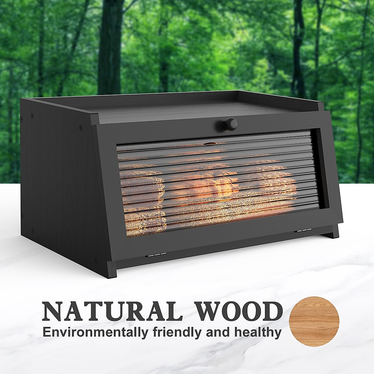 LOHASOK Bread Box for Kitchen Countertop Large Bread Box Farmhouse Bread Container Bread Storage with Window Bread Holder Black