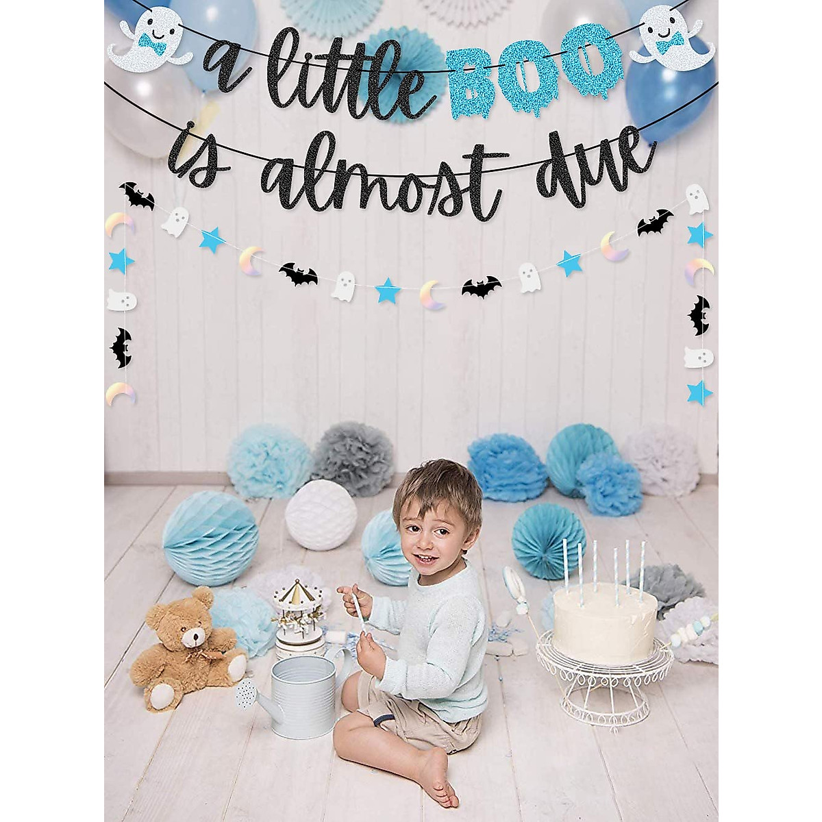 Blue Black A Little Boo is Almost Due Banner Garland for Halloween Boy Baby Shower Decorations