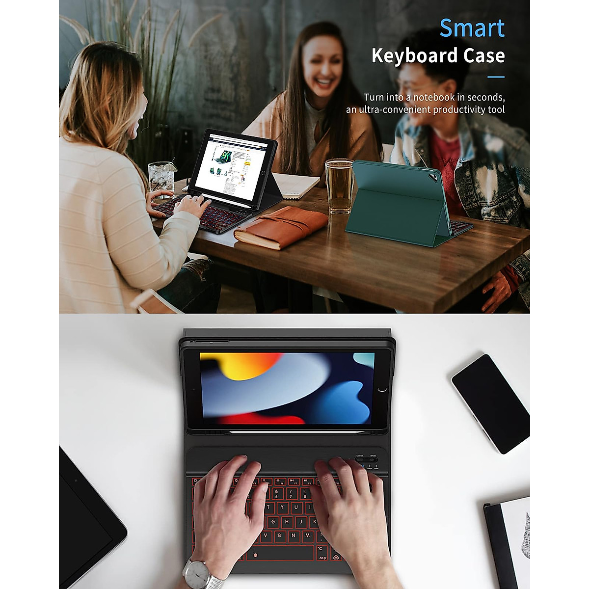 Keyboard Case for iPad 6th/5th Generation 9.7 inch, Slim Folio Smart Case with Pencil Holder for iPad Air 2, Rechargeable, Detachable Wireless Keyboard with 7 Color Backlit for iPad Pro 9.7 - Black