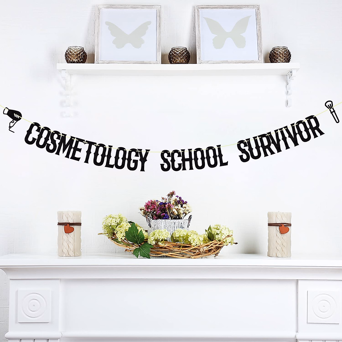 Glitter Black Cosmetology School Survivor Banner, Class Of 2024 Grad Cap Cake Supplies,Congratulations Finally Done 2024 Graduate Party Decoration