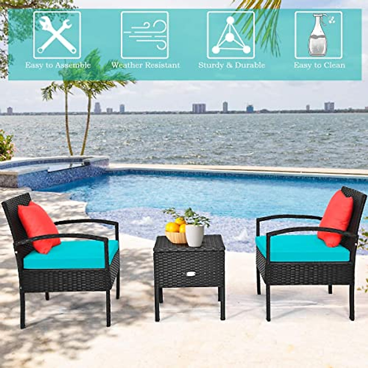 DORTALA 3 Pieces Outdoor Wicker Bistro Set, Rattan Sofa Set with Washable & Thick Cushion, Coffee Table with Storage Space, Great for Porch Garden Poolside Balcony, Turquoise