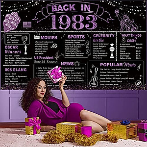 DARUNAXY Purple 40th Birthday Party Decorations, Back in 1983 Banner Cheer to 40 Years Old Birthday Photography Background Vintage 1983 Poster Backdrop for Girls 40th Class Reunion Party Supplies