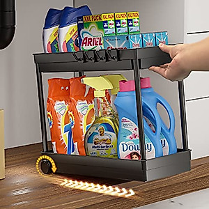 Cicilyna Under Sink Organizer, Under Cabinet Basket Organizer Drawer with Hooks, Bathroom Standing Rack, Multi-purpose Storage Shelf, Black