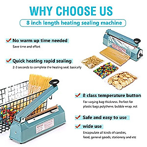 METRONIC Impulse Sealer 8 inch, Manual Heat Sealer Machine for Plastic Bags, Shrink Wrap Bag Sealers Heavy Duty Sealing Machine With Repair Kit (Blue)