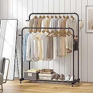 Laiensia Double Rods Garment Rack with Wheels, Clothing Rack for Hanging Clothes,4 Hooks, Multi-functional Bedroom Clothes Rack, Black