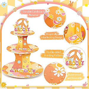 Nuenen 3 Tier Groovy Hippie Cupcake Stand Party Decorations Retro Hippie Boho Cupcake Holder Daisy Flower Groovy Rainbow Dessert Tower for Teens Adults Groovy Hippie Theme Birthday Party (Groovy)
