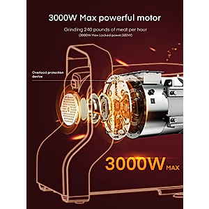 Electric Meat Grinder Heavy Duty - 5 in1 Home Meat Grinder - 3000W Max Powerful - Sausage Stuffer - Slicer/Shredder/Grater - Kubbe & Tomato Juicing Kits - 3 Stainless Steel Grinding Plates - Size #12