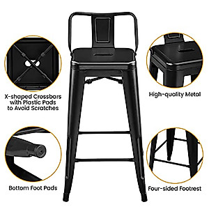 Yaheetech 26 inch Metal Bar Stools Set of 4 Counter Height Barstools with Low Back Indoor Outdoor Kitchen Stools Modern Industrial Bar Chairs Matte Black