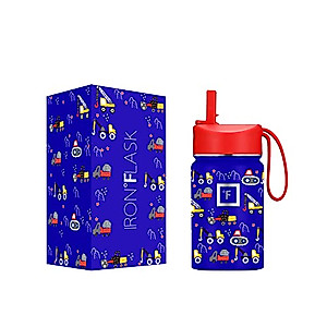 IRON °FLASK Kids Water Bottle - 10 Oz, Straw Lid, 20 Name Stickers, Vacuum Insulated Stainless Steel, Double Walled Tumbler Travel Cup, Thermo Mug, Metal Canteen (Construction Zone)