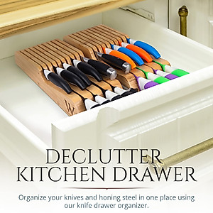 W Selections Bamboo Knife Drawer Organizer Insert - Kitchen Storage Holder for [18~26 Knives & 1~2 Honing Steel] Organization - Saves Countertop Space & Made of Premium Quality Moso Bamboo