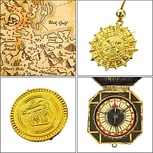 Gejoy Halloween Detailed Treasure Map Pirate Map Gold Secret Sea Historical Theme Home Decoration, Pirate Toy Compass Necklace Plastic Coins Pirate Theme Party Supplies