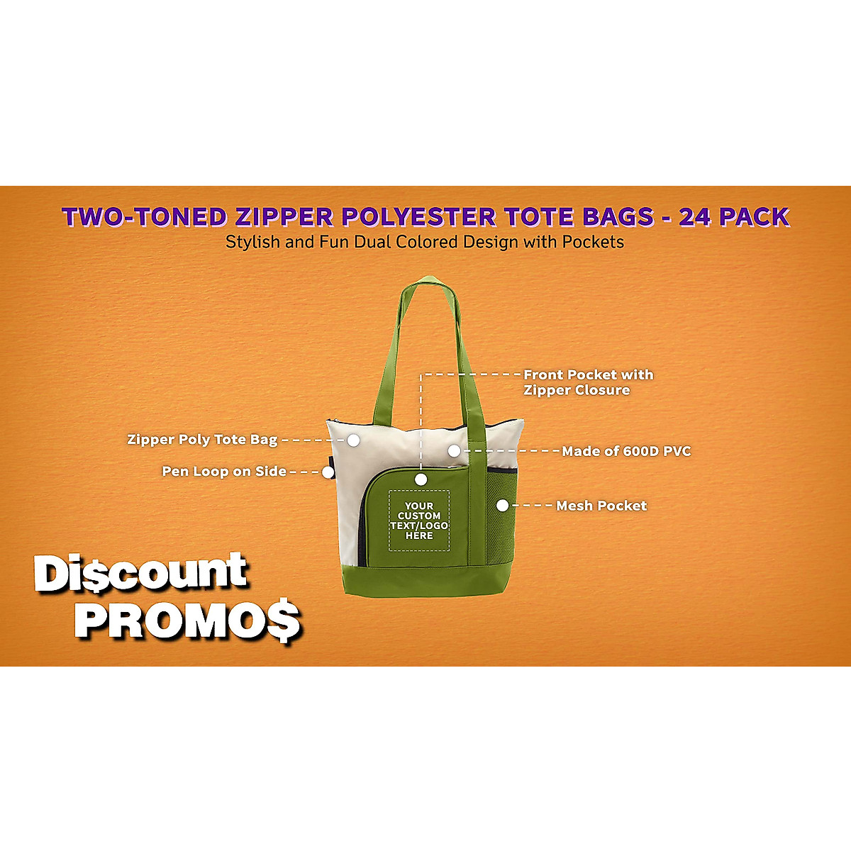 24 Zipper Polyester Tote Bags Set - Customizable Text, Logo - Two-tone, Zipper Closure, Pen Loop - Lime Green