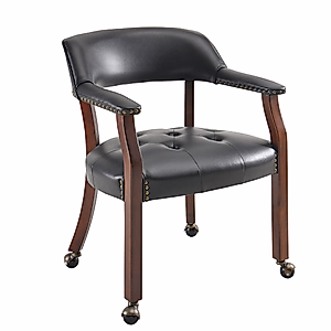 LEEMTORIG Large Dining Chairs with Casters and Arms, Rolling Dining Chairs with Wheels, Accent Game Chairs Boss Caption's Chairs, 26" D x 25.2" W x 31.5" H, Cherry Legs & Black SY-1533-BK