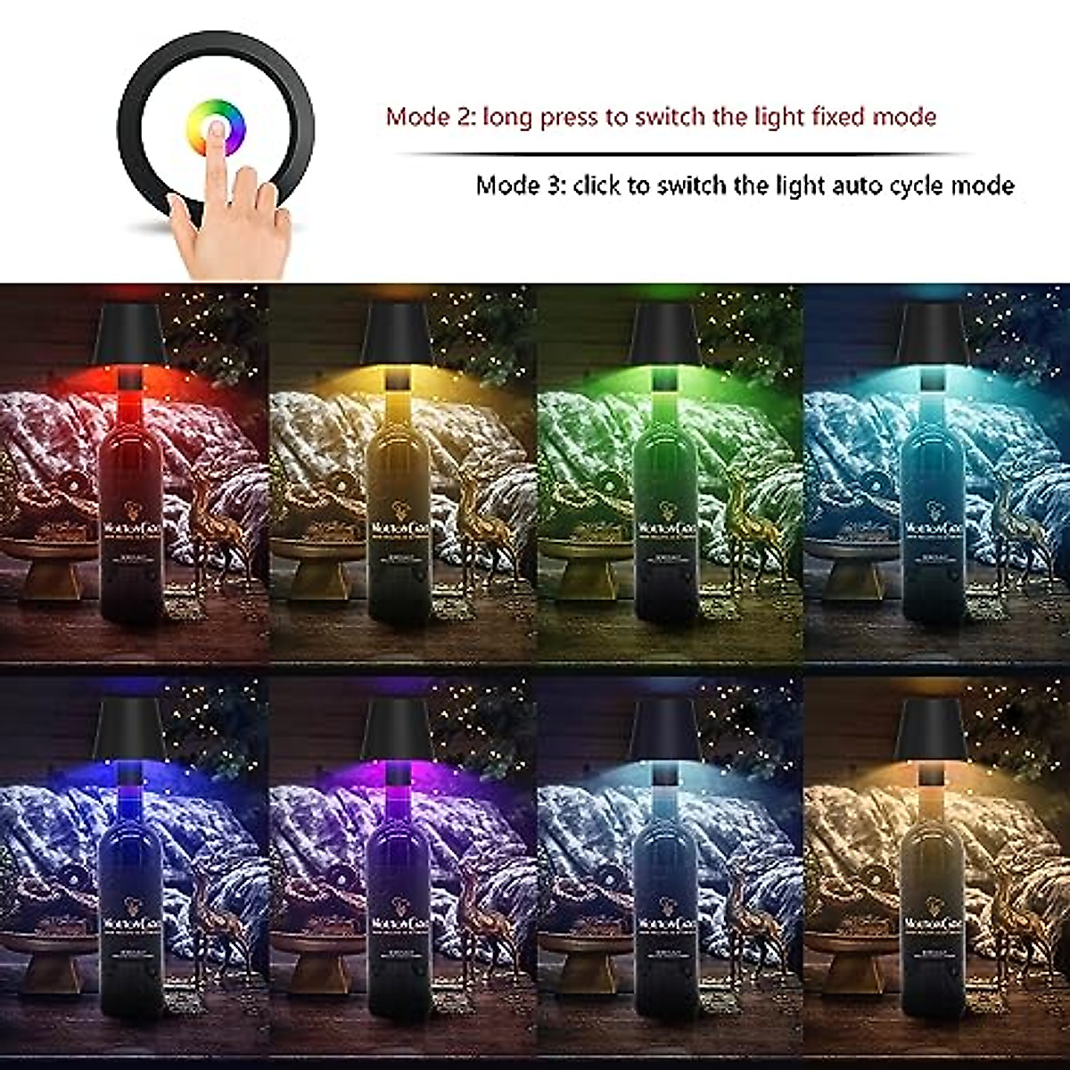 Howskys 2 Pack LED Dimmable Bottle Lamp 3000k+RGB, IP54 Wireless Bottle Lamp for Indoor and Outdoor, 5500 mAh Rechargeable Bottle Lamp for Family, Restaurant & Bar(Black)
