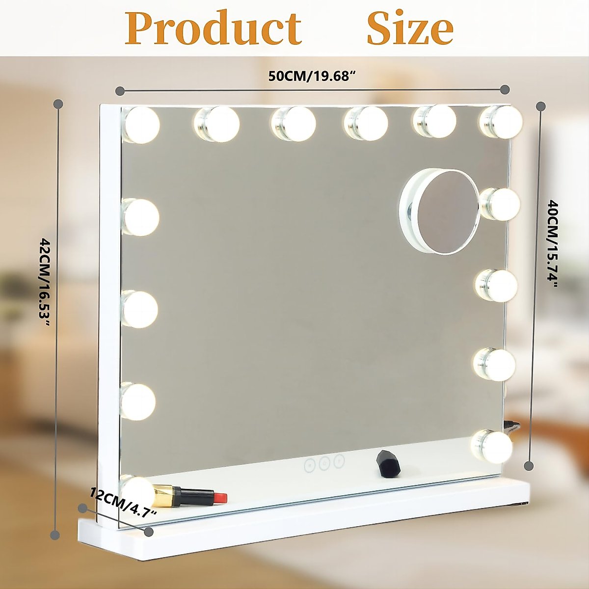 NUSVAN Vanity Mirror with Lights Lighted Makeup Mirror with Dimmable LED Bulbs,3 Color Lighting Modes,USB Charging Port Touch Control,Sturdy Metal Frame Design,White (50x40cm, 4.70)