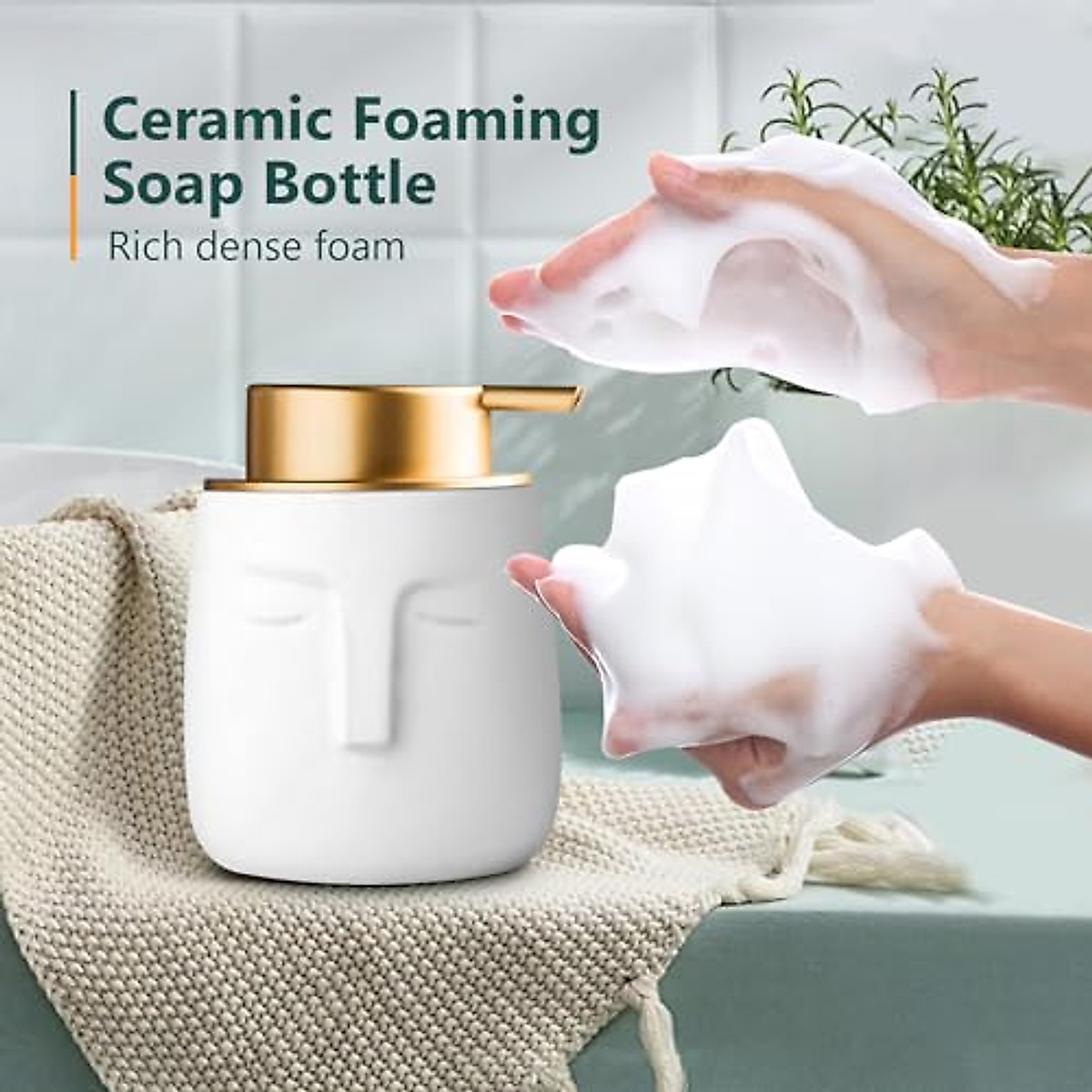 Tmore Foaming Soap Dispenser Ceramic 11.8oz Unique Face-Shaped Hand Dish Foam Soap Bottle Refillable Matte Countertop Lotion Dispenser for Bathroom Kitchen Decro (Foaming White)
