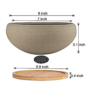 MUZHI Round Unglazed Ceramic Bonsai Pot with Bamboo Tray, Large Rough Pottery Succulent Planter with Drainage Hole 8 inch …