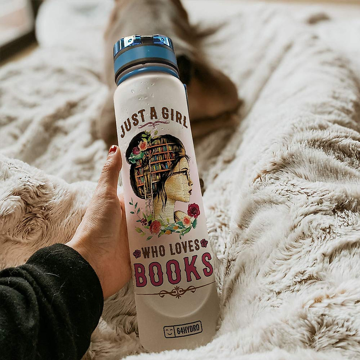 64HYDRO 32oz 1Liter Motivational Water Bottle with Time Marker & Removable Strainer Flip Top Leakproof Durable BPA Free Non-Toxic for Home Work Gym Fitness Sports - Reader Girl Loves Books