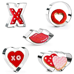 KAISHANE Valentine's Day Cookie Cutter Set-Lips, Double Heart, Heart, Letter X,Letter O-5 Pieces Wedding Valentine Day Fondant Pastry Baking Cookie Cutter Set.