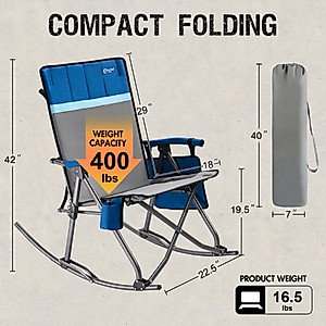PORTAL Oversized Folding Rocking Camping Chair Portable Outdoor Rocker with High Back Hard Armrests Carry Bag, Supports 400 lbs, Padded Back, Blue