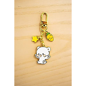 Milkmochabear Milk Enamel Keychain - Mini Clasp All Metal Gold Finish with Two Charms For Handbags Purses Bags Belts Backpacks Men Women Couple Matching