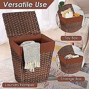 Giantex Laundry Hamper with Lid, Foldable Laundry Basket w/Removable Liner Bag, Handwoven Rattan Clothes Hamper w/Handles Anti-skid Pads for Living Room Laundry (Brown)