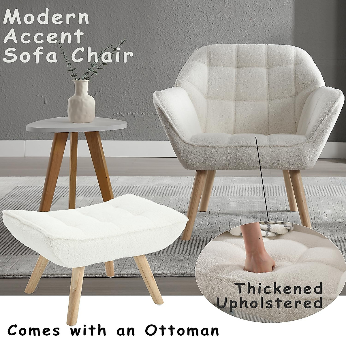 ZH4YOU Sherpa Accent Chair with Ottoman, Modern Lounge Chair with Footrest Upholstered Sofa Armchair with Wood Legs Comfy Reading Chair for Small Spaces/Living Room/Bedroom/Apartment, White