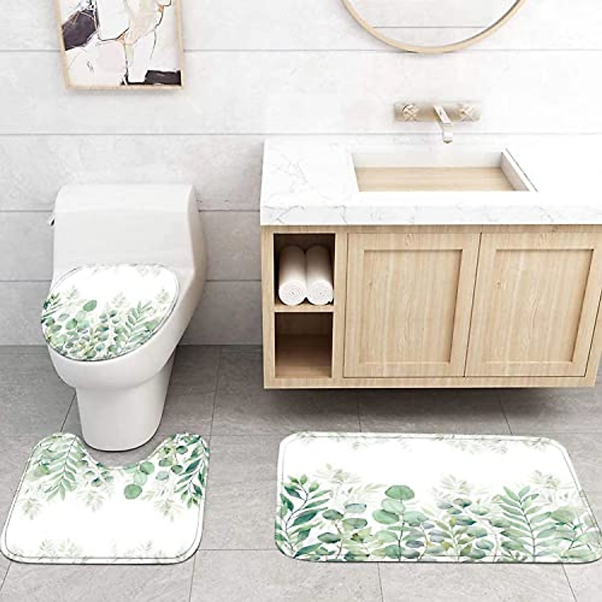 DDQQ Green Leaves Shower Curtain Sets with Non-Slip Rug, Toilet Lid Cover and Bath Mat, Plant Leaves Shower Curtain Sets with 12 Hooks, Durable Waterproof Shower Curtain for Bathroom Set Decor