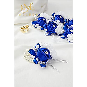Meldel Prom Flower Wrist Corsages for Wedding, Set of 6, Royal Blue Wrist Corsages for Prom Bridal Bridesmaid Girl, Rose Hand Flower for Wedding Ceremony Anniversary,Dinner Party, Homecoming