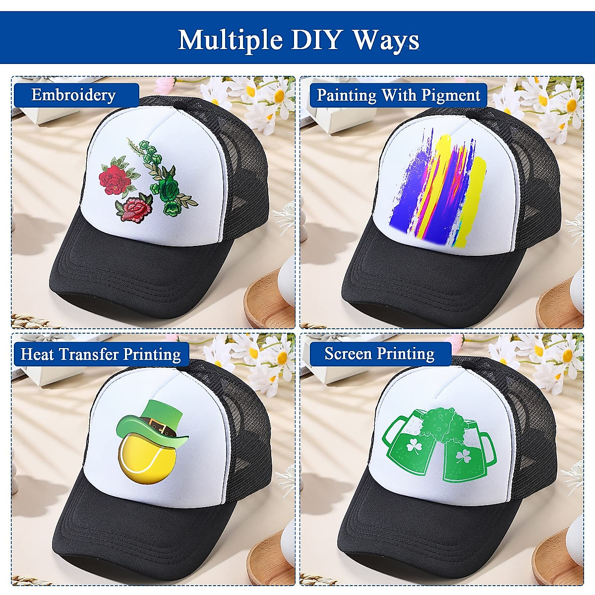 24 Pieces Unisex Sublimation Blank Mesh Baseball Cap Adjustable Plain Blank Mesh Trucker Hat for DIY Embroidery Sublimation Printing(Black White)