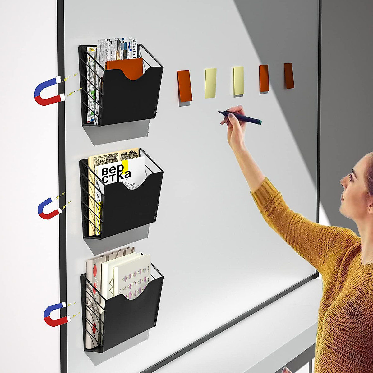 BSJYMJIAJU Magnetic File Holder, 3 Pockets, Black, Metal