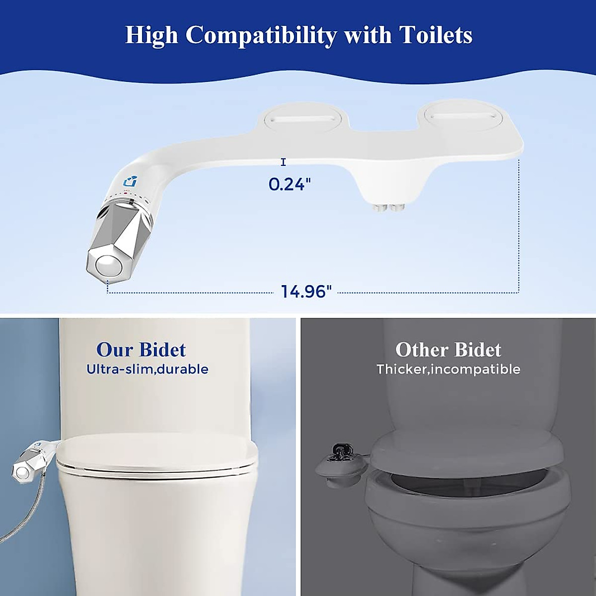 Bidet Attachment for Toilet,Bidet Toilet Seat Attachment with Non-Electric Dual Nozzle(Self Cleaning Feminine/Posterior Wash),Adjustable Water Pressure Bidet with Brass Inlet(Silver and White)
